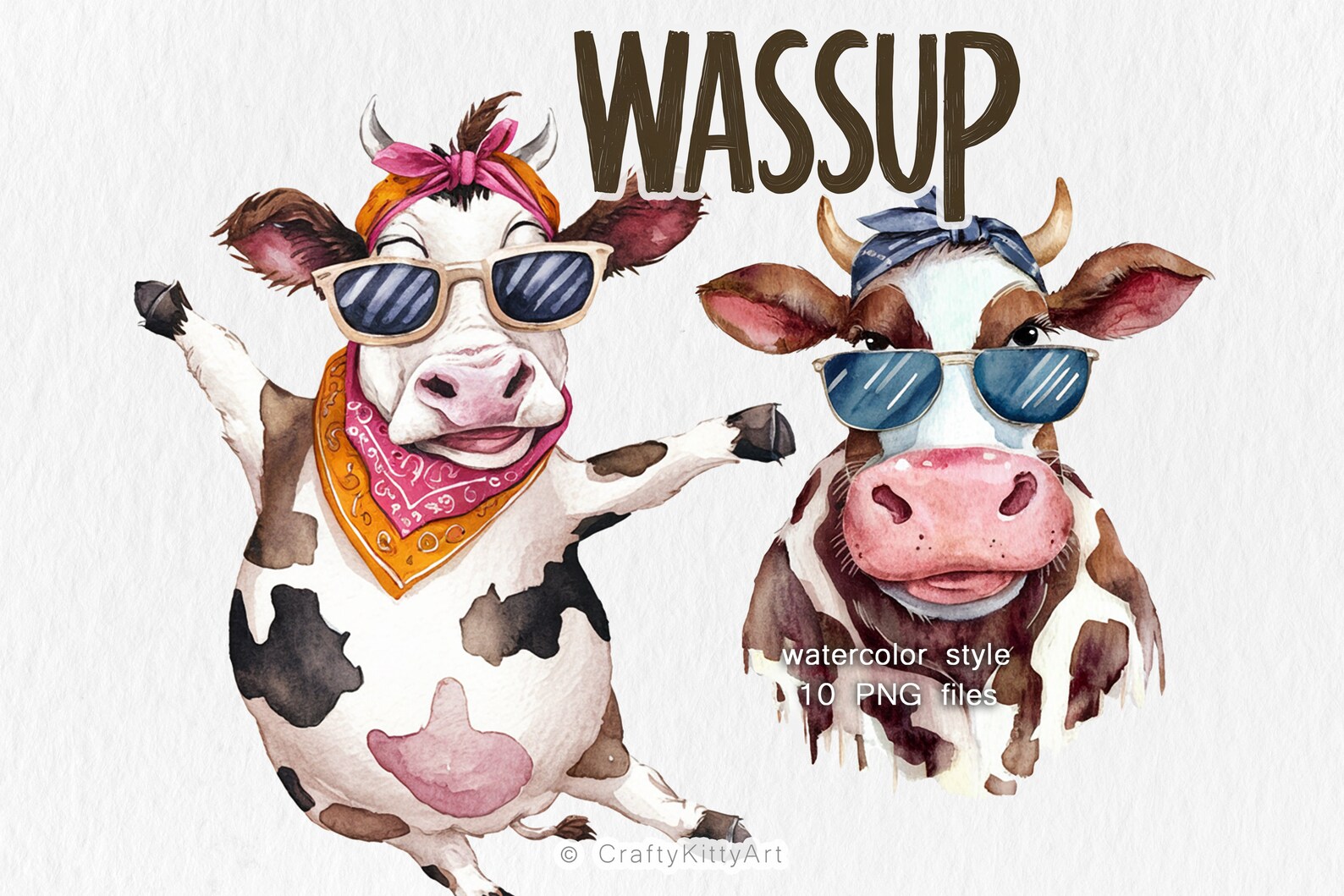 Funny Cow Clipart, Cute and Quirky Cows in Glasses. Watercolor Clip Art ...