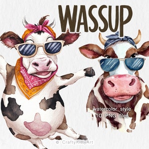 Funny Cow Clipart, Cute and Quirky Cows in Glasses. Watercolor Clip Art ...
