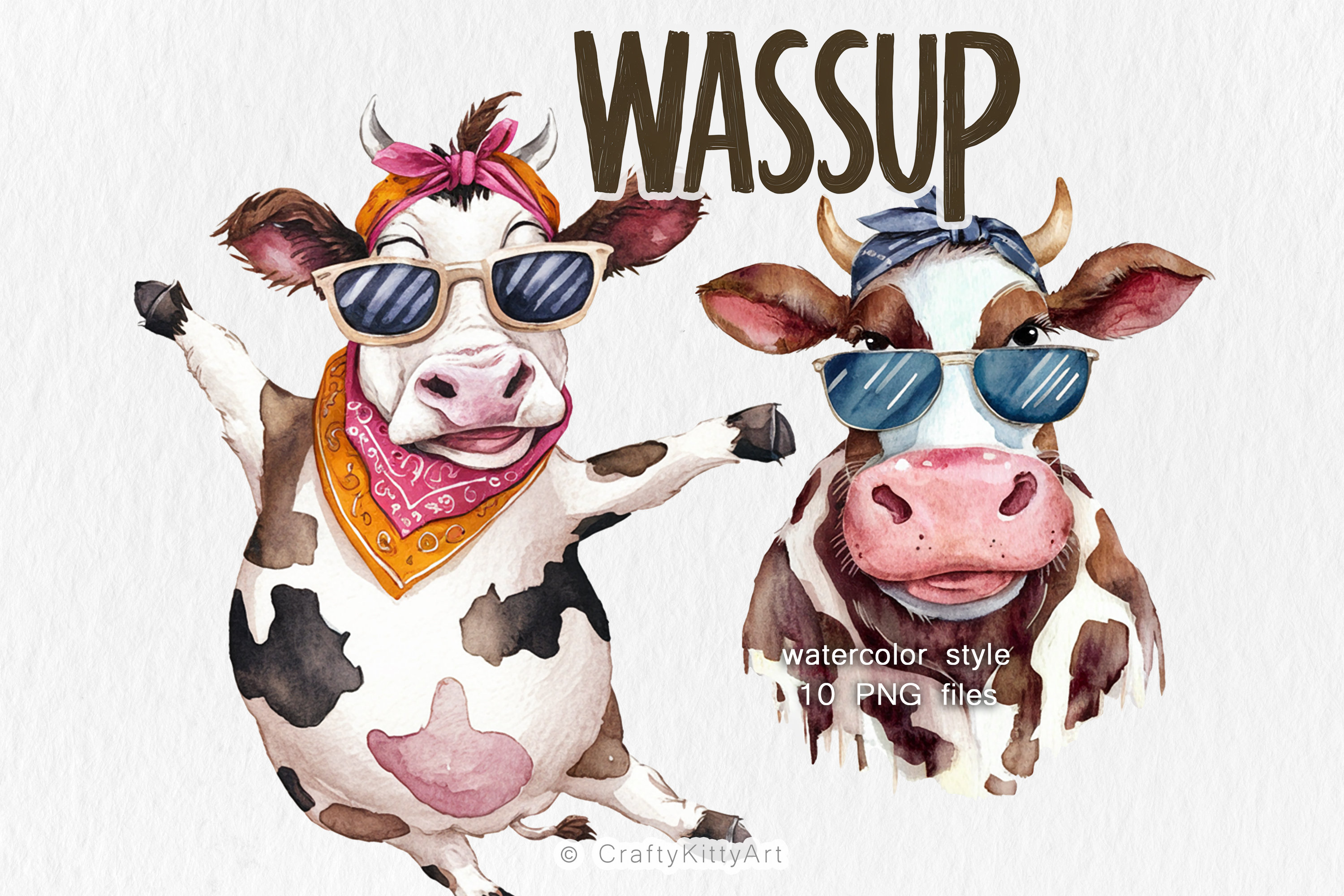 Funny Cow Clipart, Cute and Quirky Cows in Glasses. Watercolor Clip Art ...