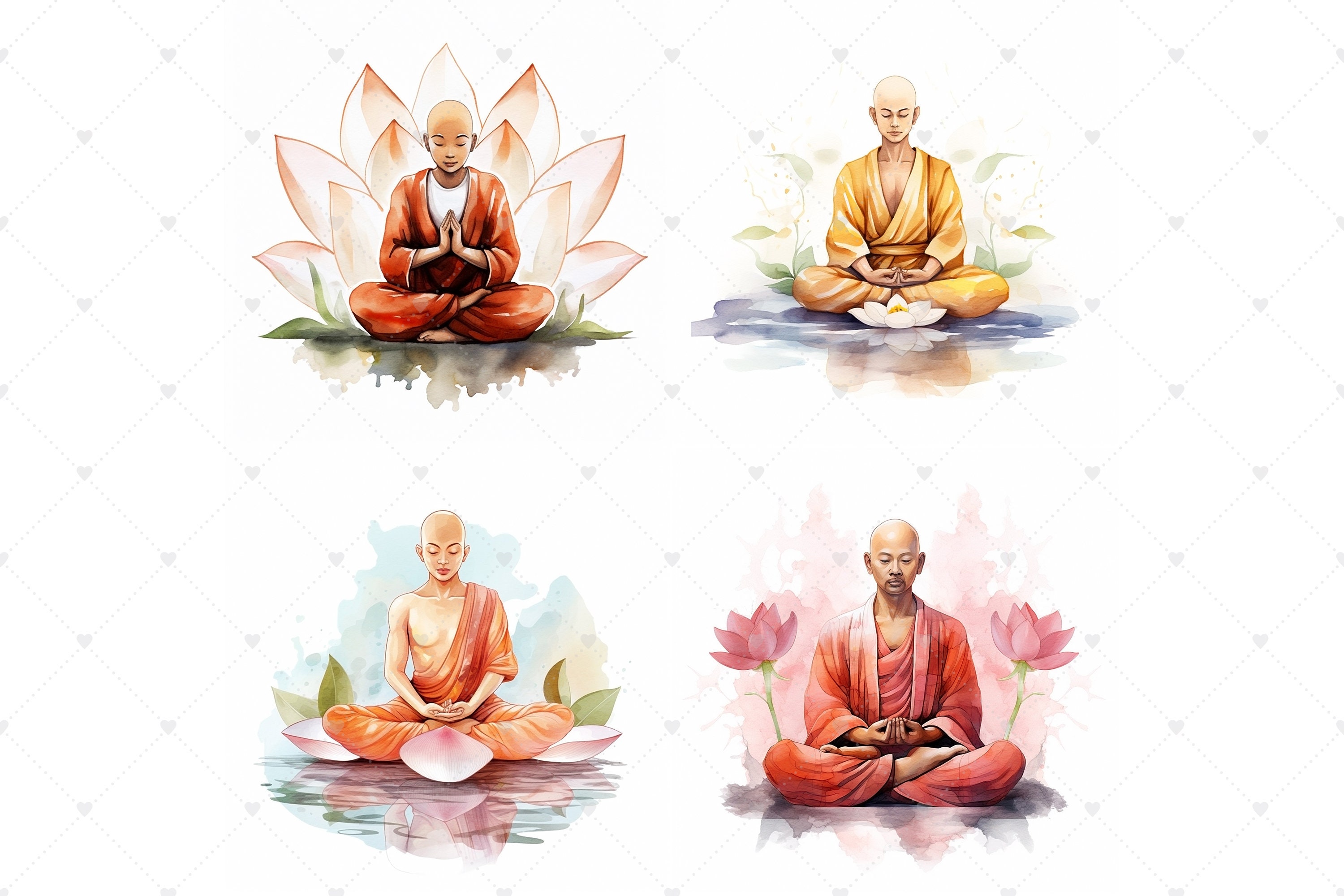 Buddha Clipart. Watercolor Clip Art Bundle. Buddhist Monk 8 JPG Files. Digital JPG Illustrations ...