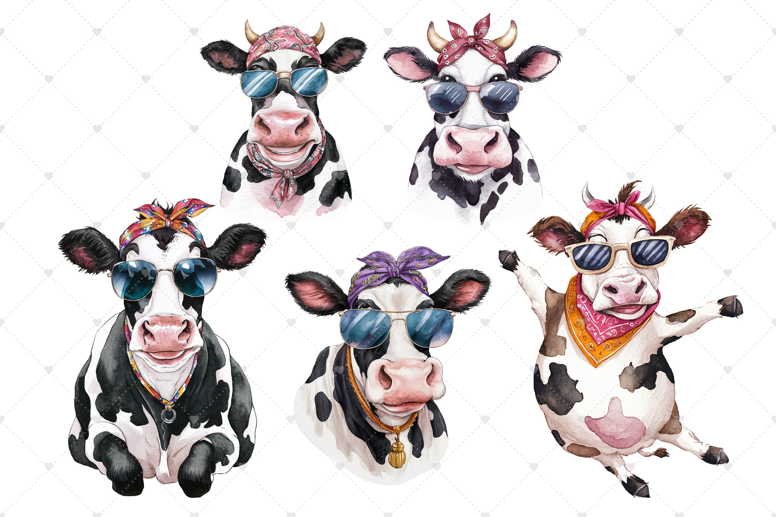 Funny Cow Clipart, Cute and Quirky Cows in Glasses. Watercolor Clip Art ...