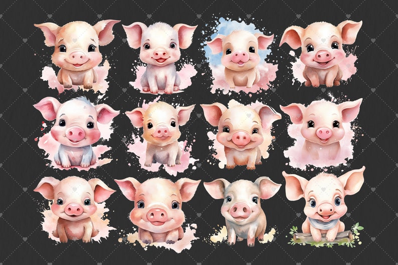 Cute Pig Clipart. Watercolor Clip Art Bundle. Piggy Pigs 12 PNG Files ...