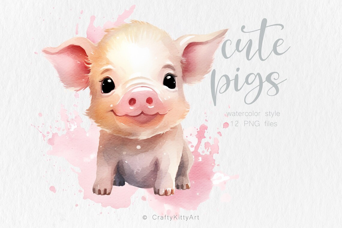Cute Pig Clipart. Watercolor Clip Art Bundle. Piggy Pigs 12 PNG Files ...