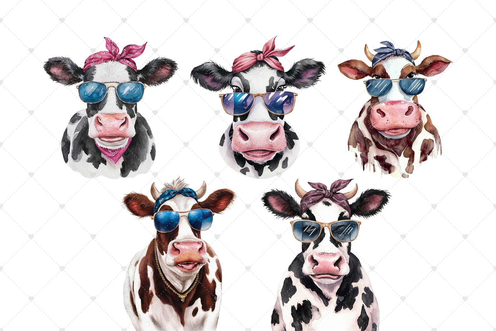 Funny Cow Clipart, Cute and Quirky Cows in Glasses. Watercolor Clip Art ...