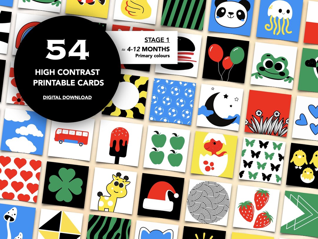 High Contrast Primary Colors Baby Stimulation Cards Visual & Cognitive ...