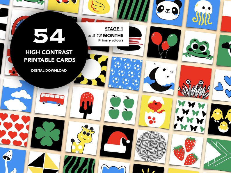 High Contrast Primary Colors Baby Stimulation Cards Visual & Cognitive ...