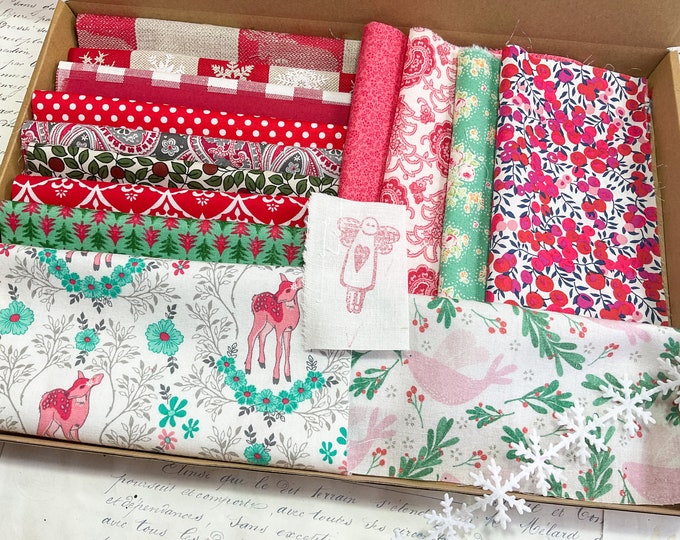 Vintage Fabrics Snippets Box in Red and Green for Slow Stitching Sewing ...