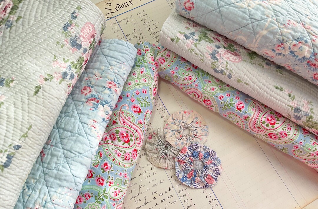 Vintage Quilt Pieces in Shades of Soft Duck Egg, Blue and Pink Fabric ...