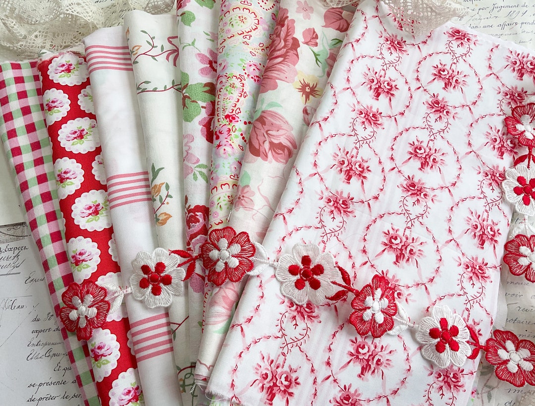 Vintage Fabric Bundle , Raspberry Red Roses Cottons for Slow Stitching ...
