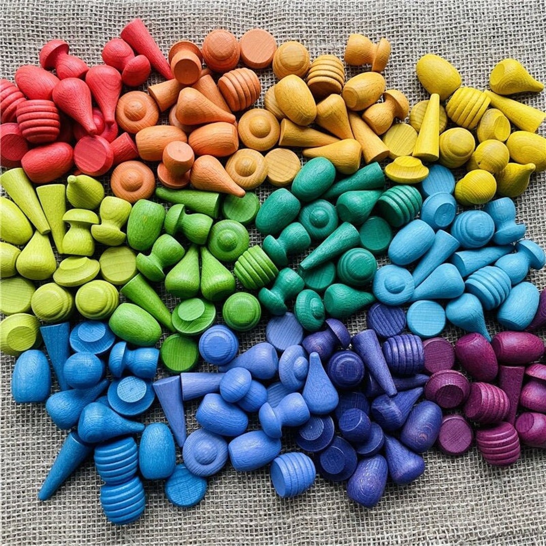 84 PCS Colourful Wooden Loose Parts, Large Set, Rainbow Color, Grapat ...