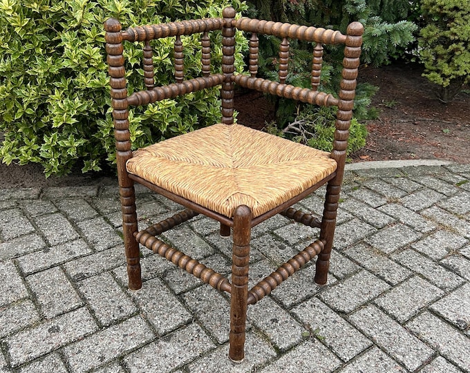 Vintage Brown Wooden Corner Chair, Farmhouse Style Furniture, Rattan ...