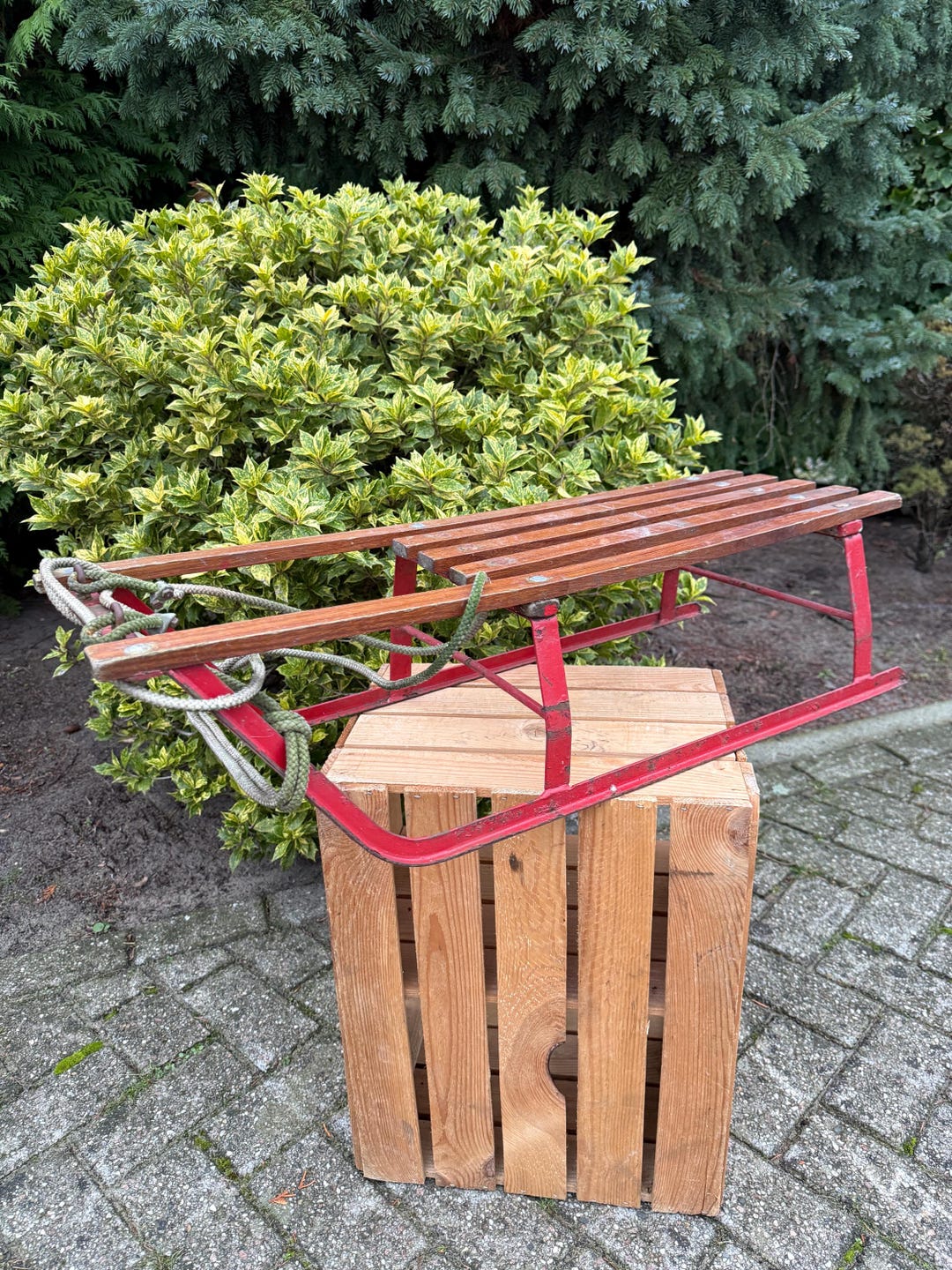 Vintage Wooden Metal Snow Sled Red Frame Winter Decor Alpine Child ...