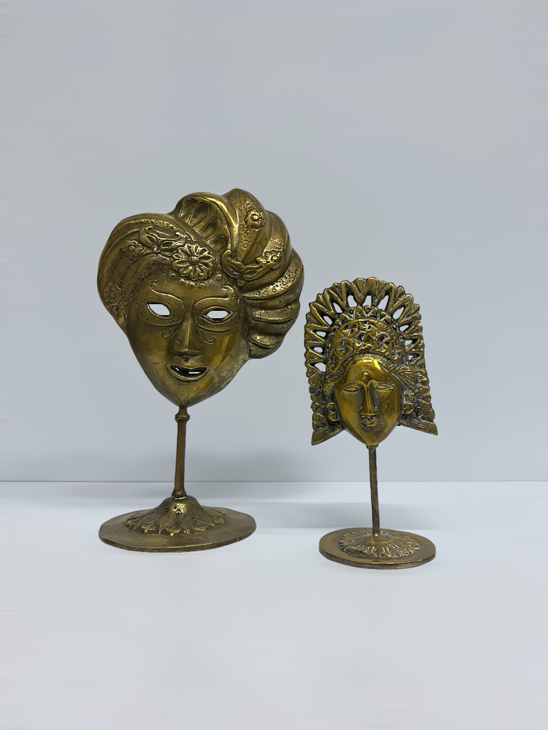 Set of 2 Venetian Masks, Brass Casted Masks, Non Wall Vintage Bronze ...