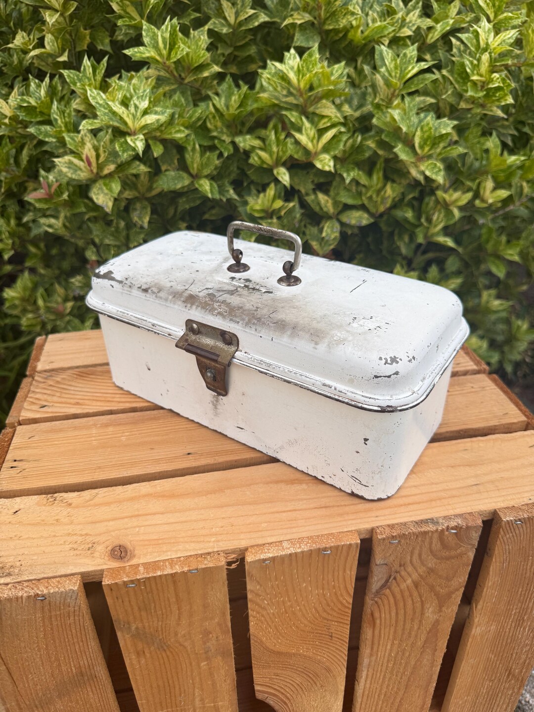 Vintage Industrial Metal Storage Box, White Utility Tin With Handle ...