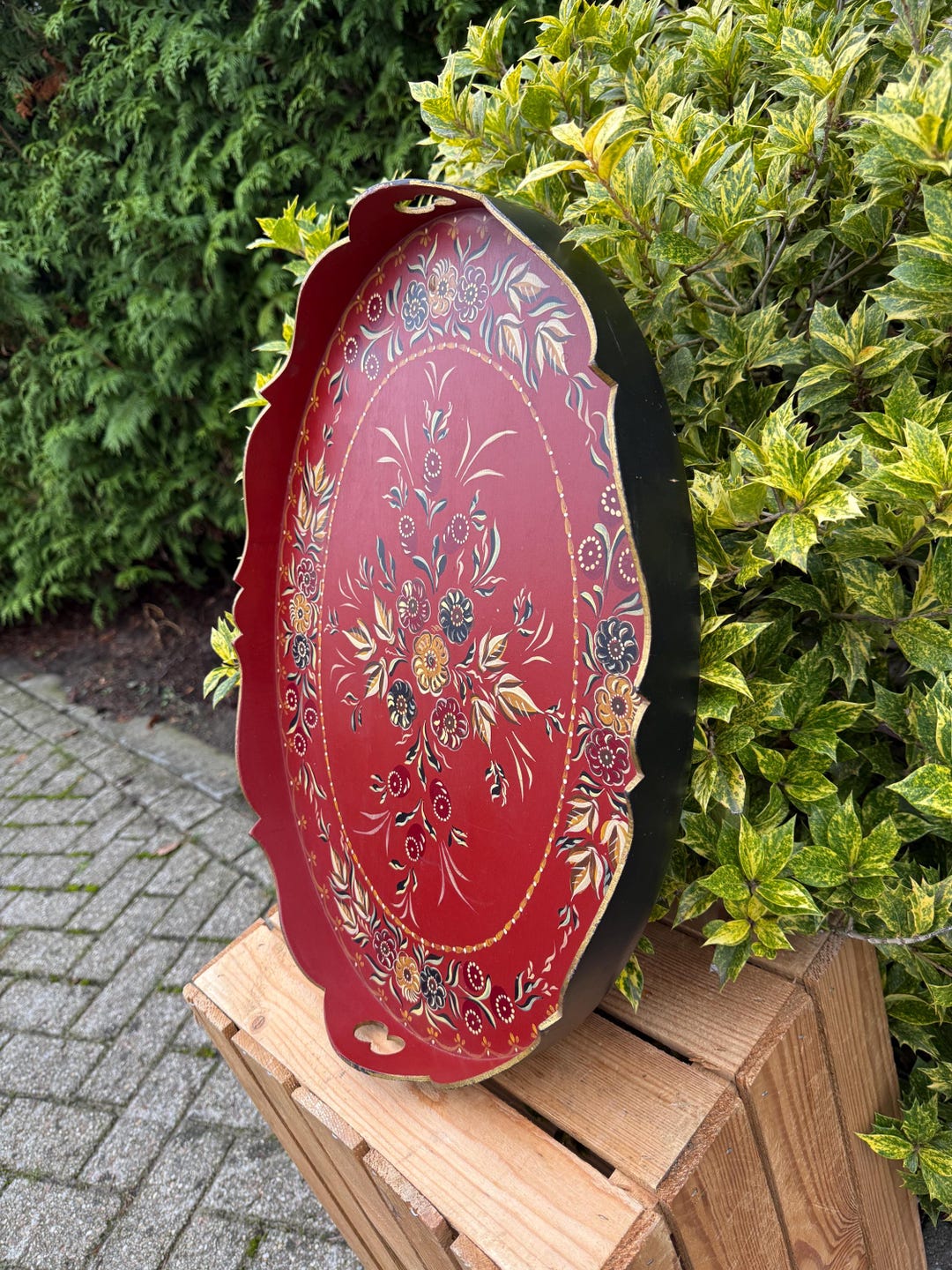 Vintage Hand Painted Wooden Tole Style Serving Tray, Red Floral ...