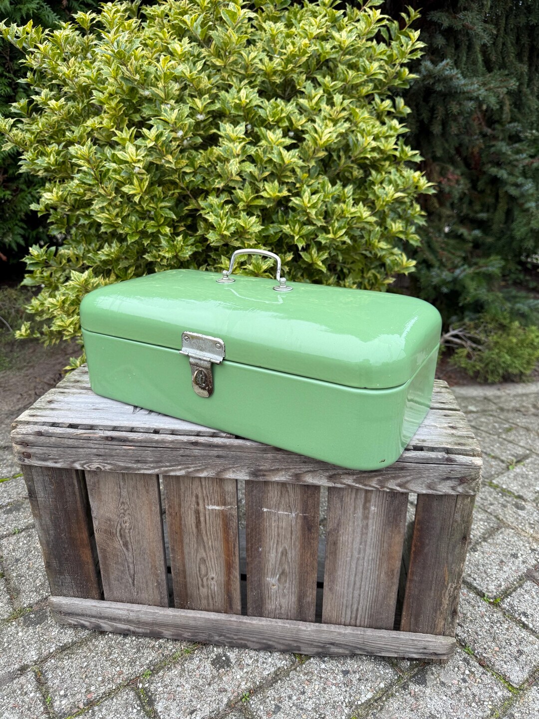 Vintage Enamel Bread Box, Green Storage Container, Farmhouse Style ...
