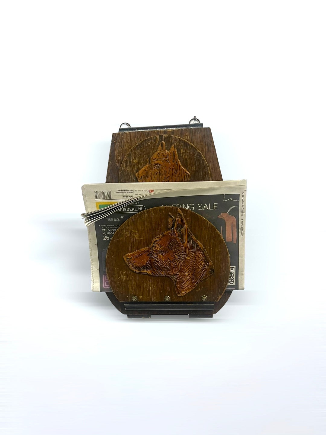 Vintage Tabloid Holder, Wooden Newspaper Wall Rack, Dog Heads Art ...