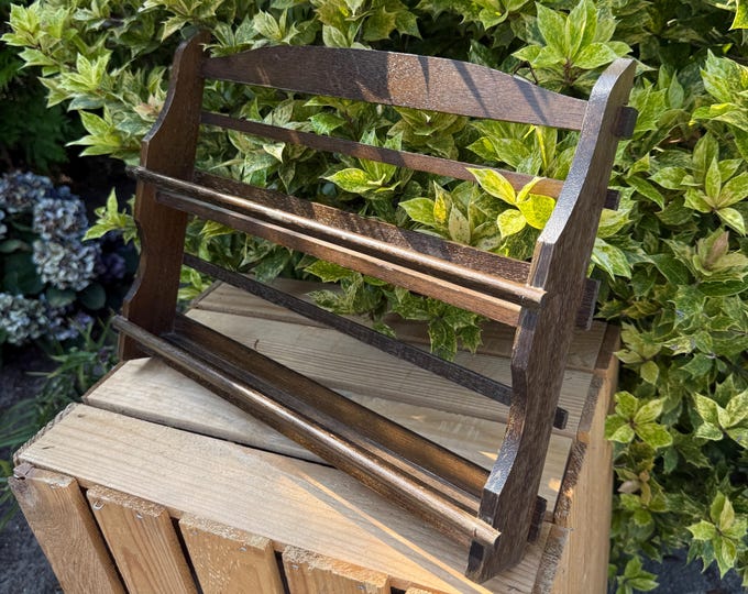 Vintage Wooden Plate Rack, Dark Stained Wall Shelf, Dish Display Holder ...