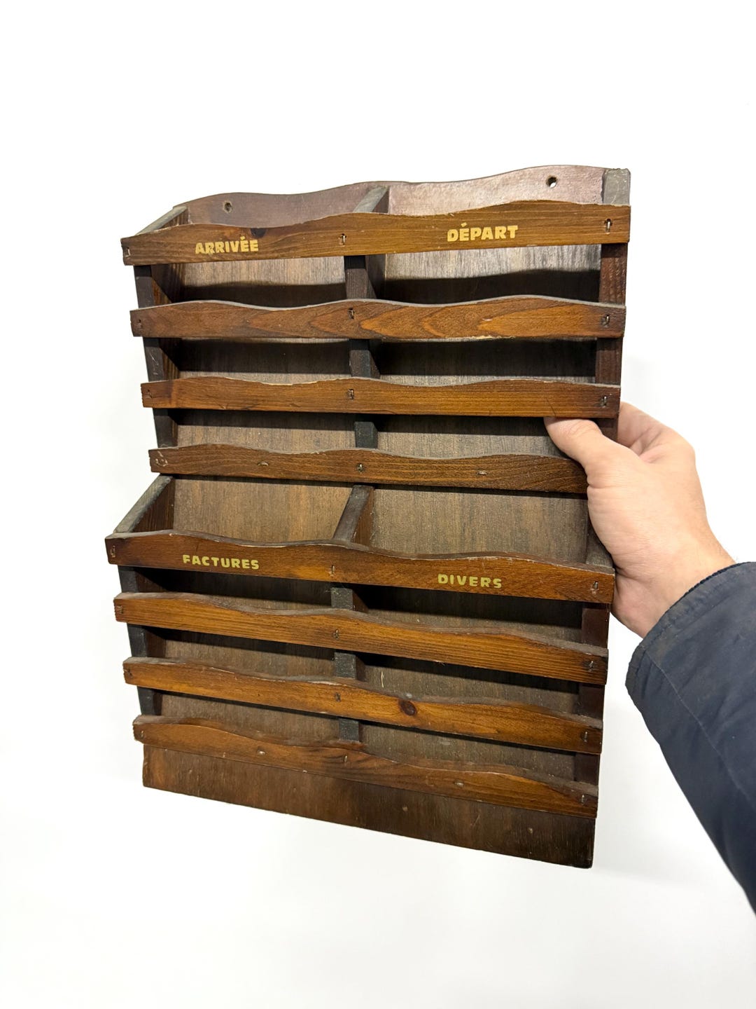 Vintage French Wooden Letter Tray, 4 Compartments, Desk Organizer ...