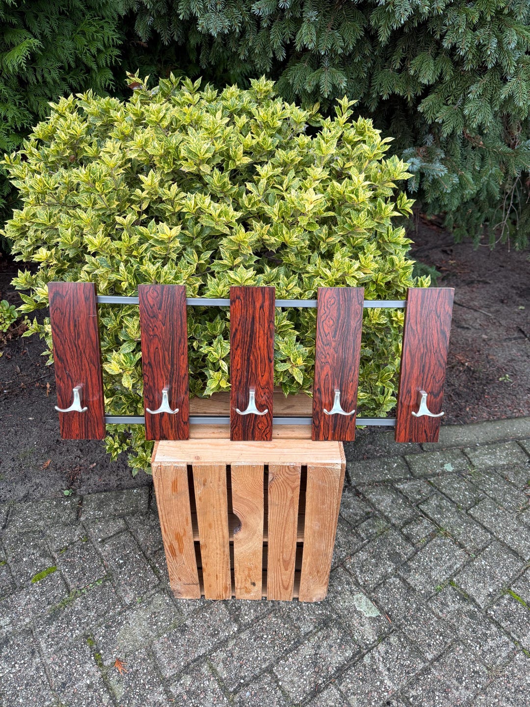 Vintage Wood Grain Coat Rack, Wall Mounted Metal Hook Bar, Midcentury ...