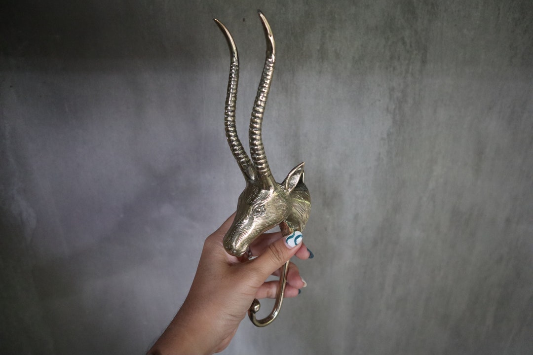 Vintage Brass Hook - Gold Bronze Deer Hook With Long Horn - Unique ...