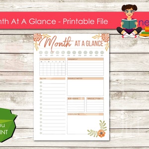 Month at A Glance Printable File, Instant Download, Productivity ...