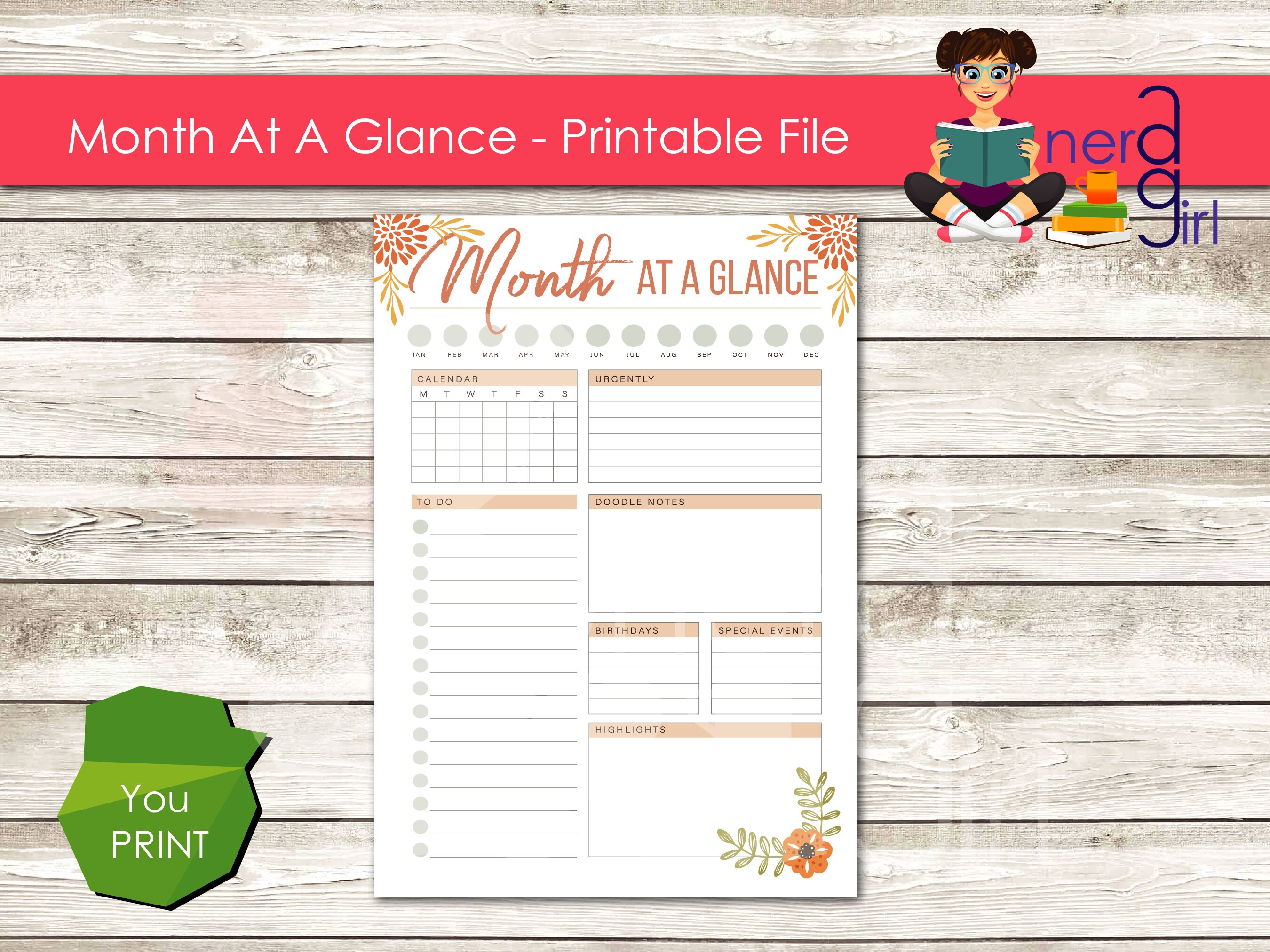 Month at A Glance Printable File, Instant Download, Productivity ...