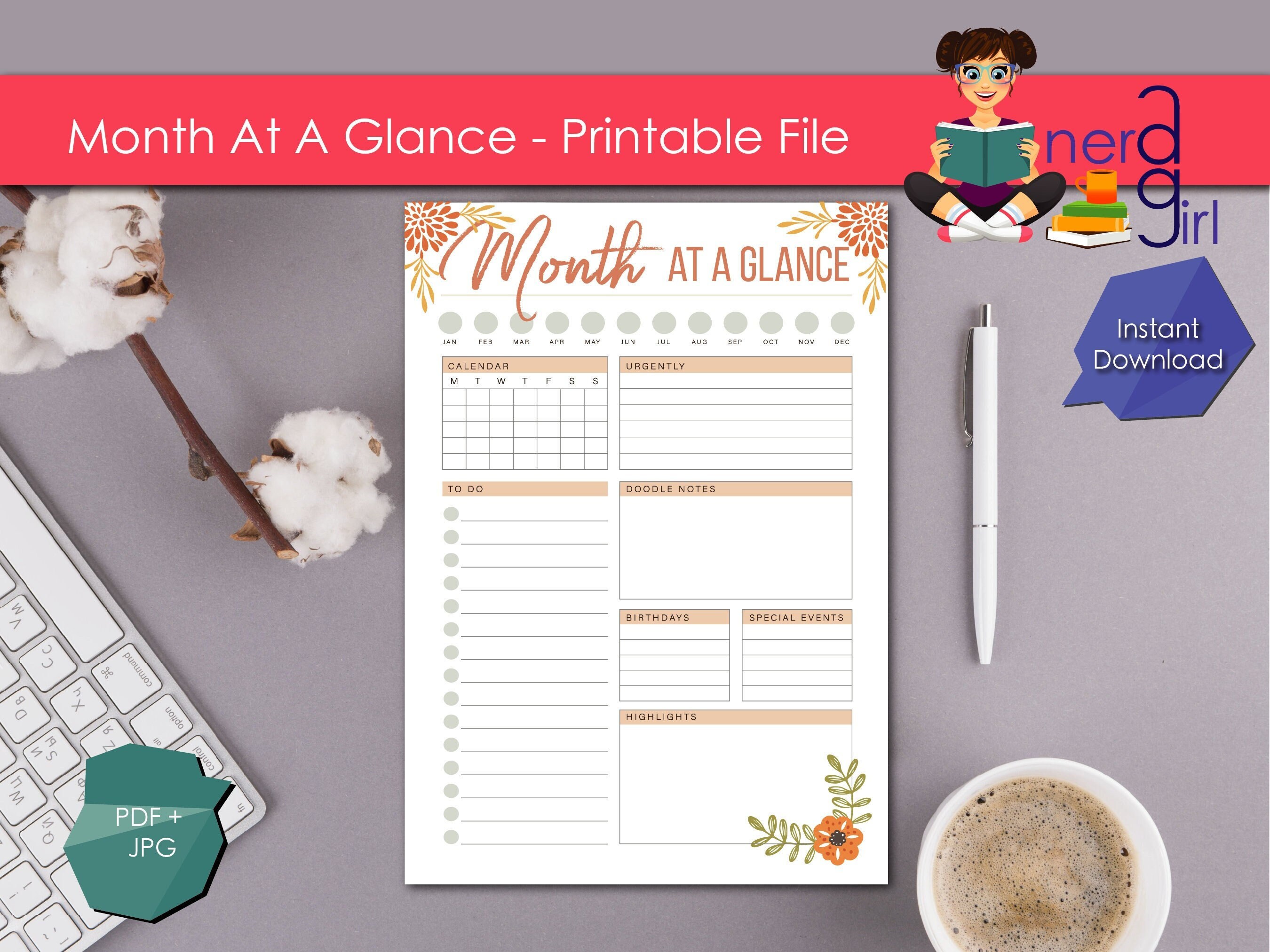 Month at A Glance Printable File, Instant Download, Productivity ...