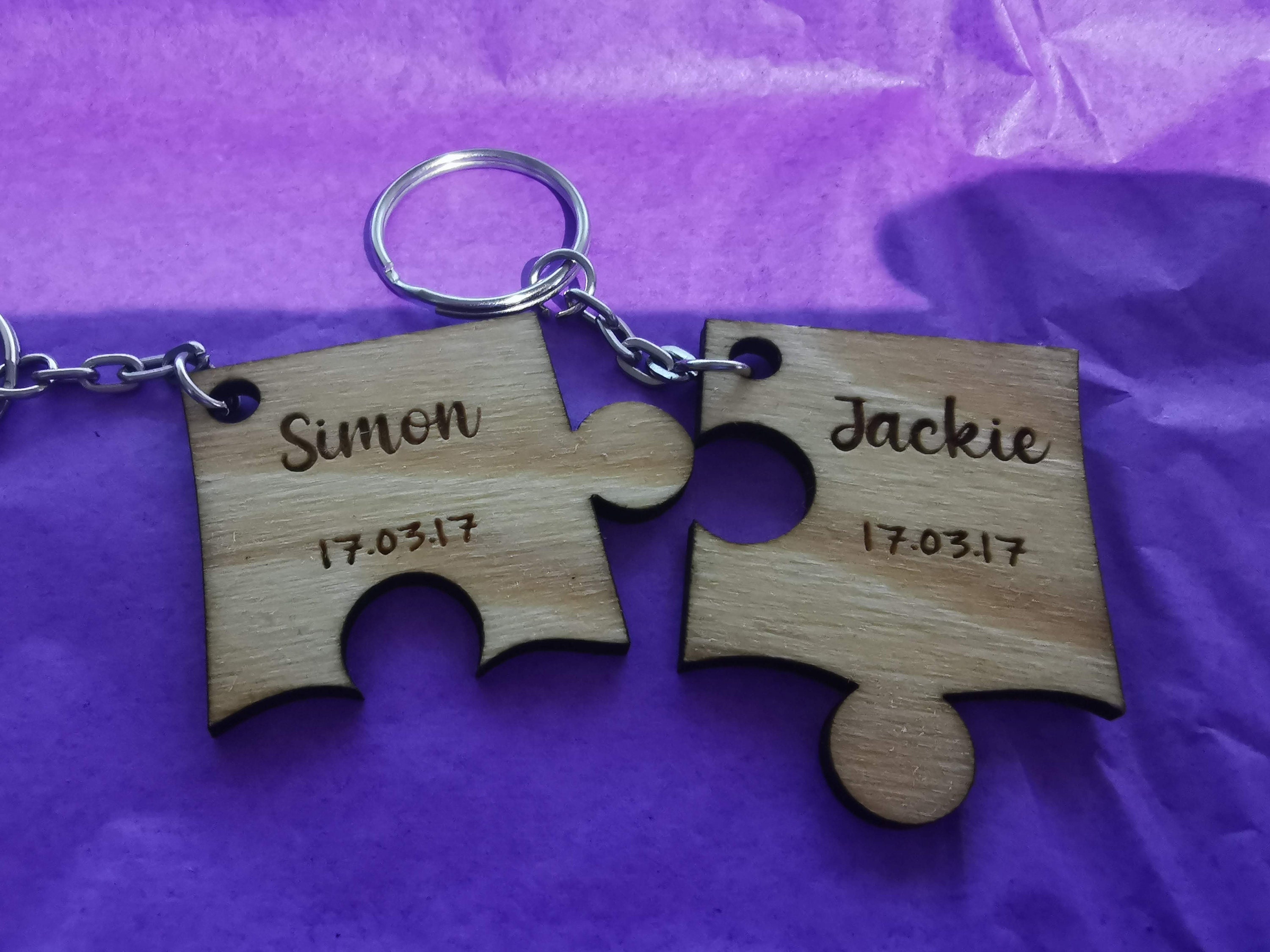Personalised Pair of Jigsaw Keyrings Laser Engraved Gift Perfect ...