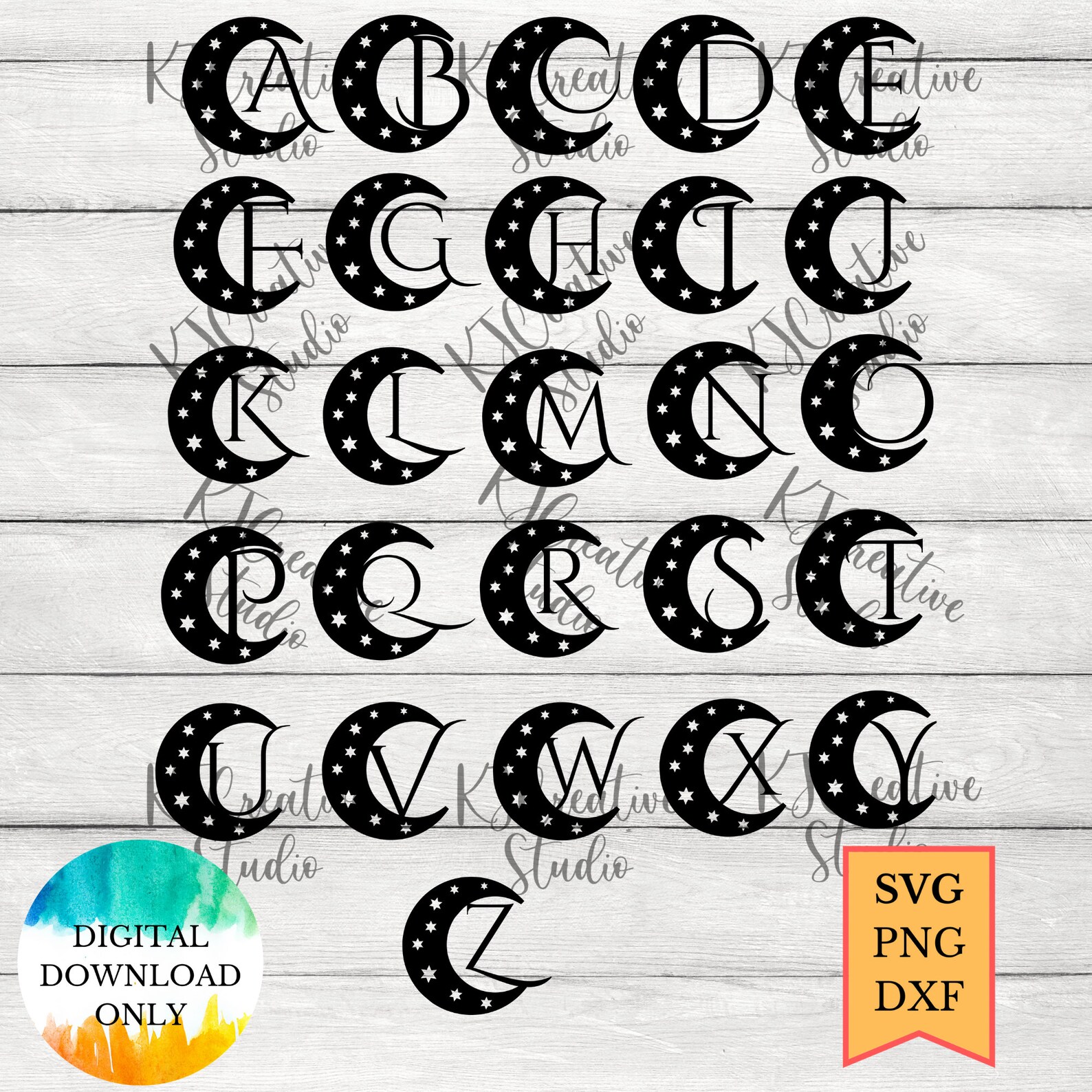 Half - Moon Split Monogram Alphabets Font Individual Letters With Stars ...