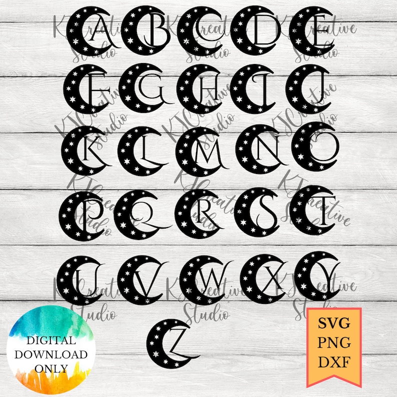 Half - Moon Split Monogram Alphabets Font Individual Letters With Stars ...