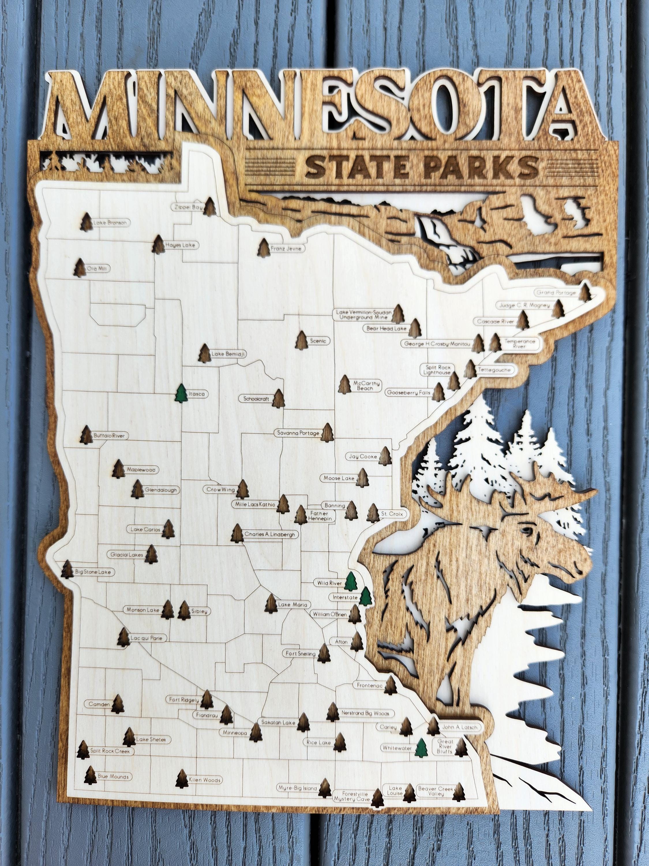 Minnesota State Park Travel Map | Handcrafted Wooden Engraved Wall Art ...