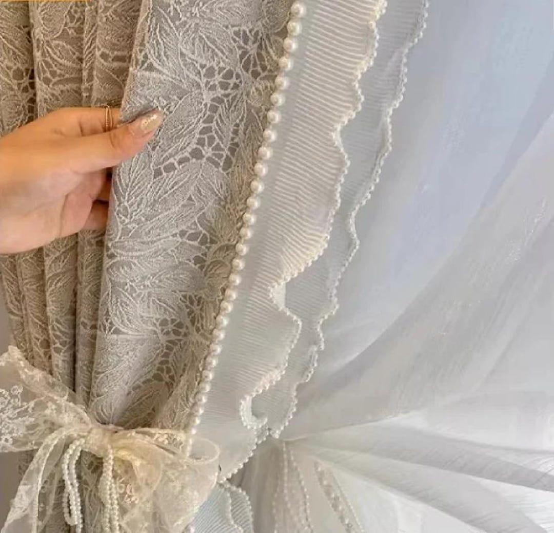 French Embroidered Floral Patterned Pearl Lace Blackout Curtain ...