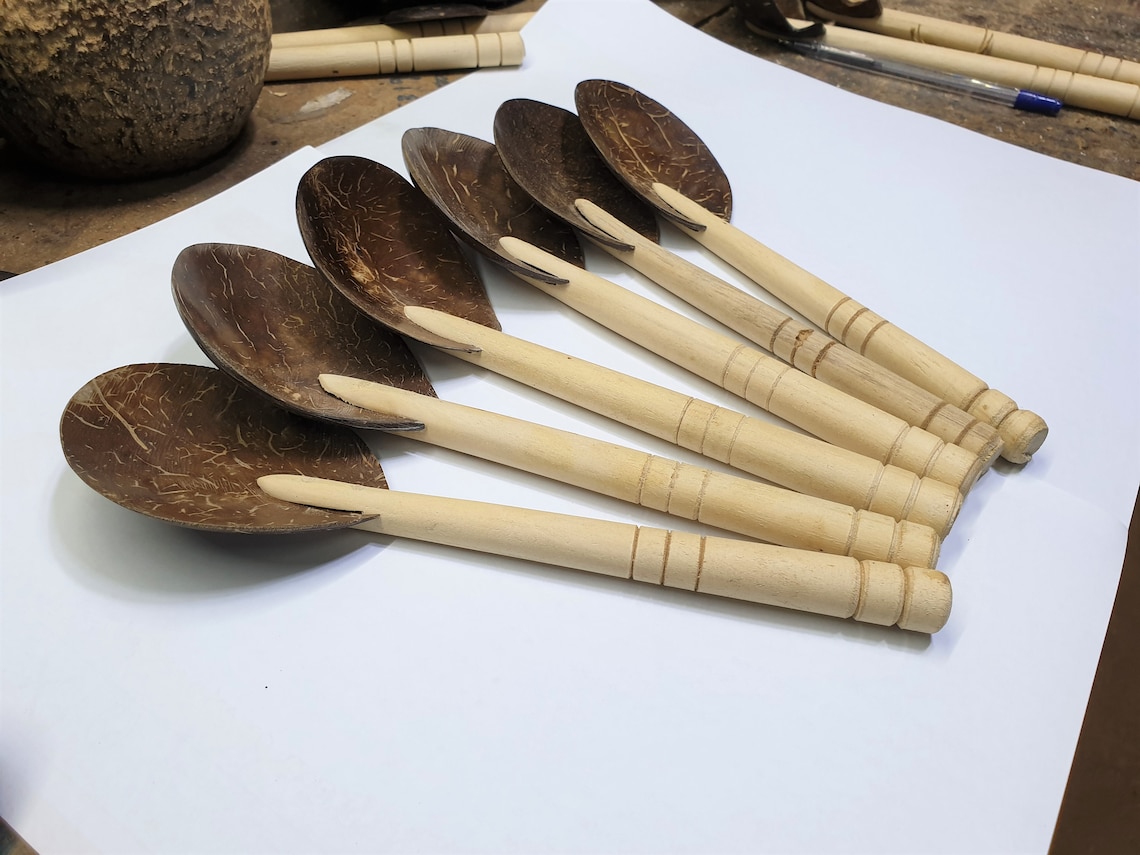 Handmade Coconut Shells Wooden Spoons 20'',24'' Cooking Spoon, Hand ...