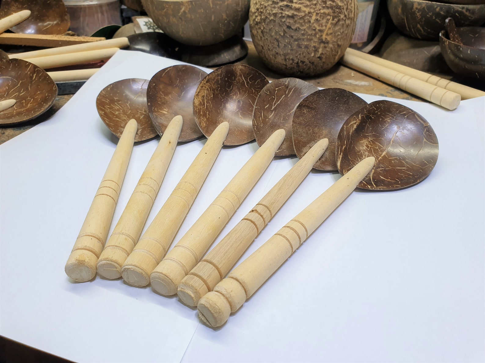 Handmade Coconut Shells Wooden Spoons 20'',24'' Cooking Spoon, Hand ...