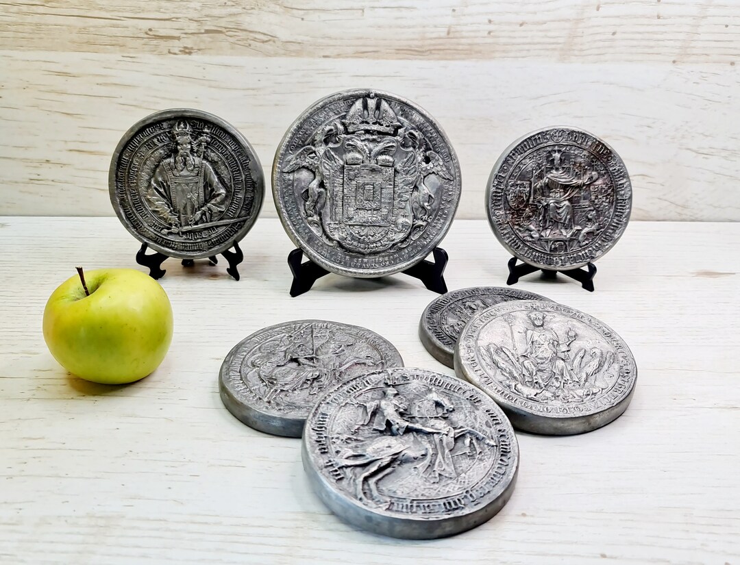 Set of Seven Vintage Coasters With Relief Medieval Scenes, Red and ...