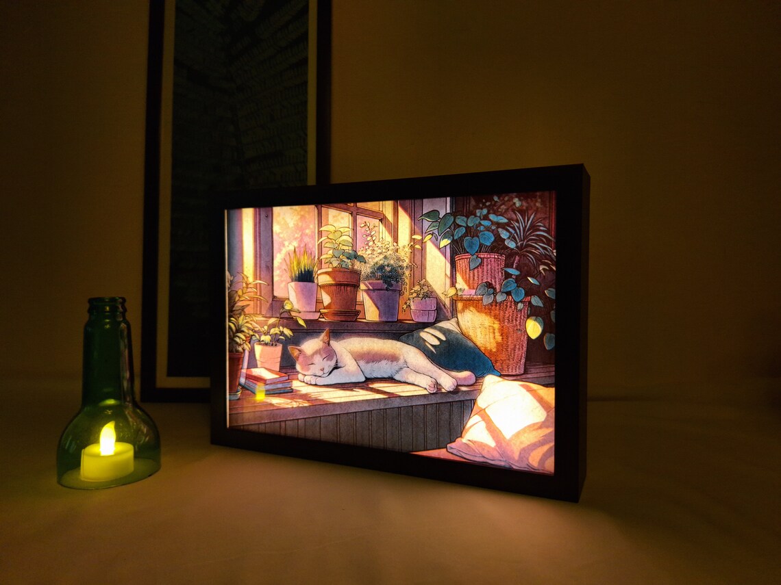 Cozy Sunlit Cat, Light Art Painting, Cat, Lightbox, DIY Lightbox, Template, Sleeping Cat ...