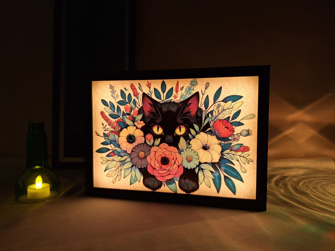Floral Black Cat, Light Art Painting, Lightbox, DIY Lightbox, Template ...