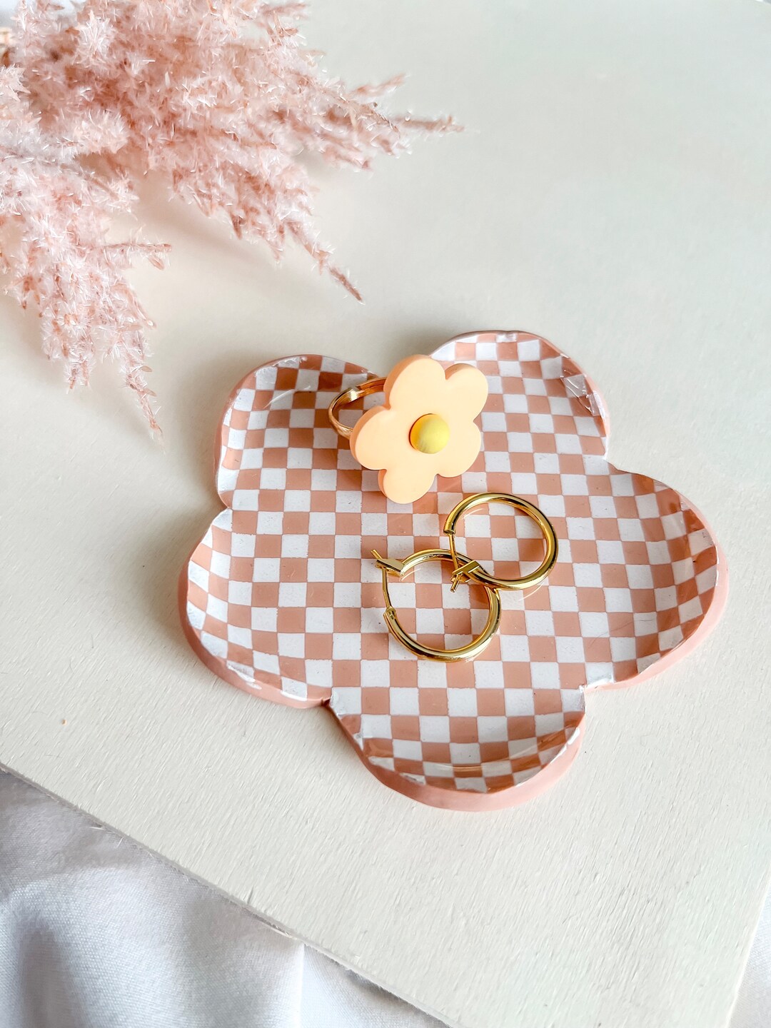 Beige Checkered Trinket Tray Flower Polymer Clay Clay Trinket Tray ...