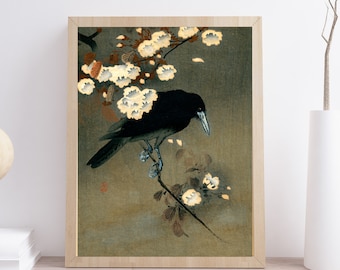 Crow and Cherry Blossoms Painting, Raven Art Print, Vintage Japanese ...