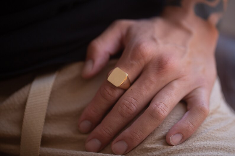 14K Solid Yellow Gold Signet Statement Ring - Engravable Ring - Squared ...