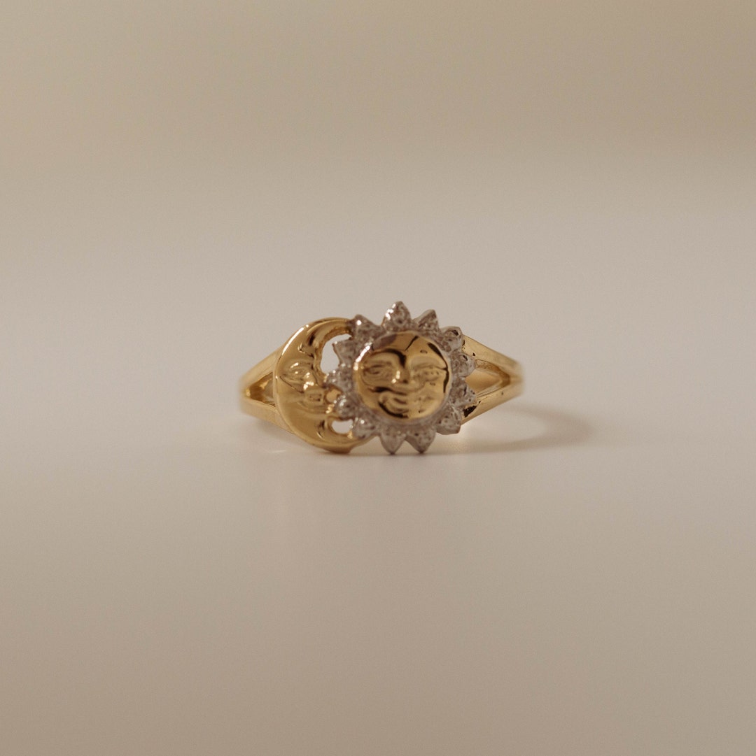 14k Solid Yellow-white Gold Sun and Moon Ring | Stackable Minimal Ring ...
