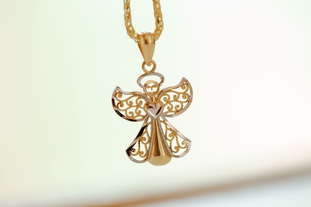 14k Solid Yellow & White Gold Angel Heart Pendant Charm Gold Filigree ...