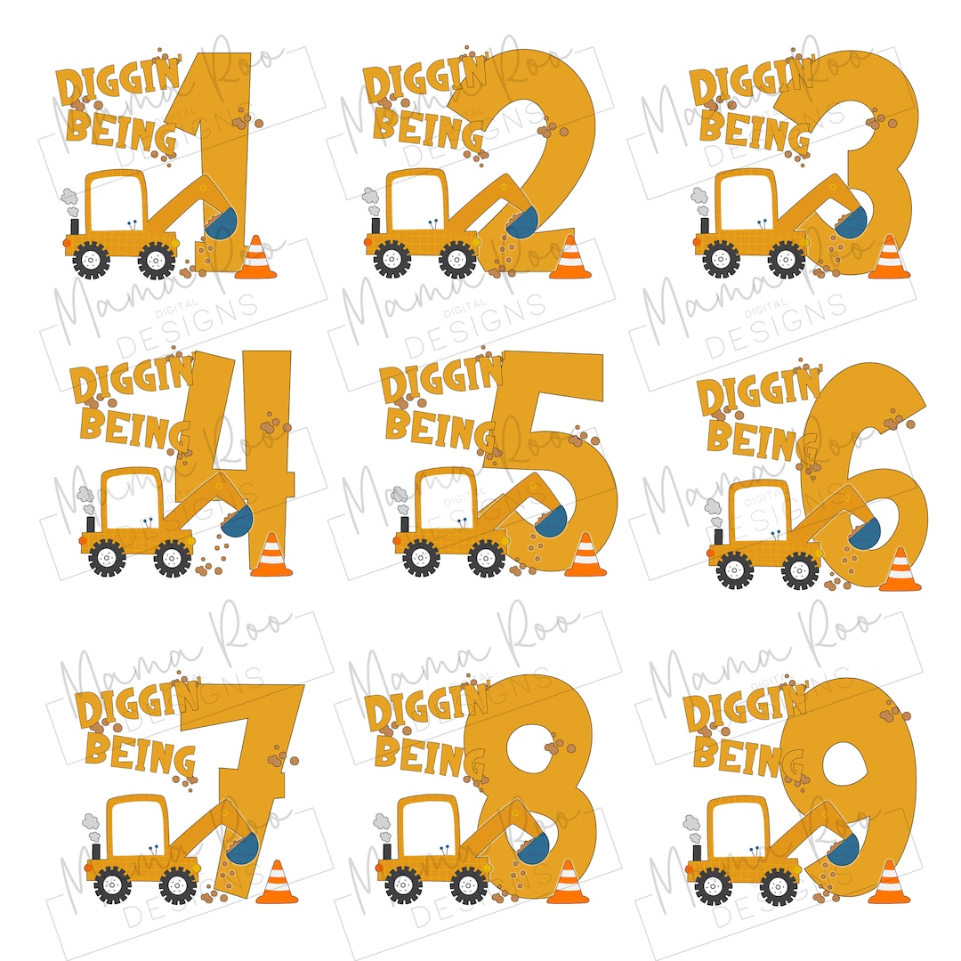 Digger Birthday Numbers Age 1-9 PNG Bundle | Printable Sublimation ...