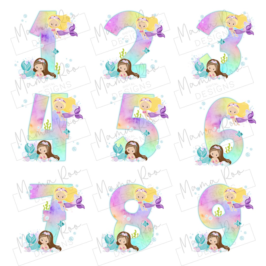Kids Mermaid Birthday Numbers Age 1-9 PNG Bundle | Printable ...