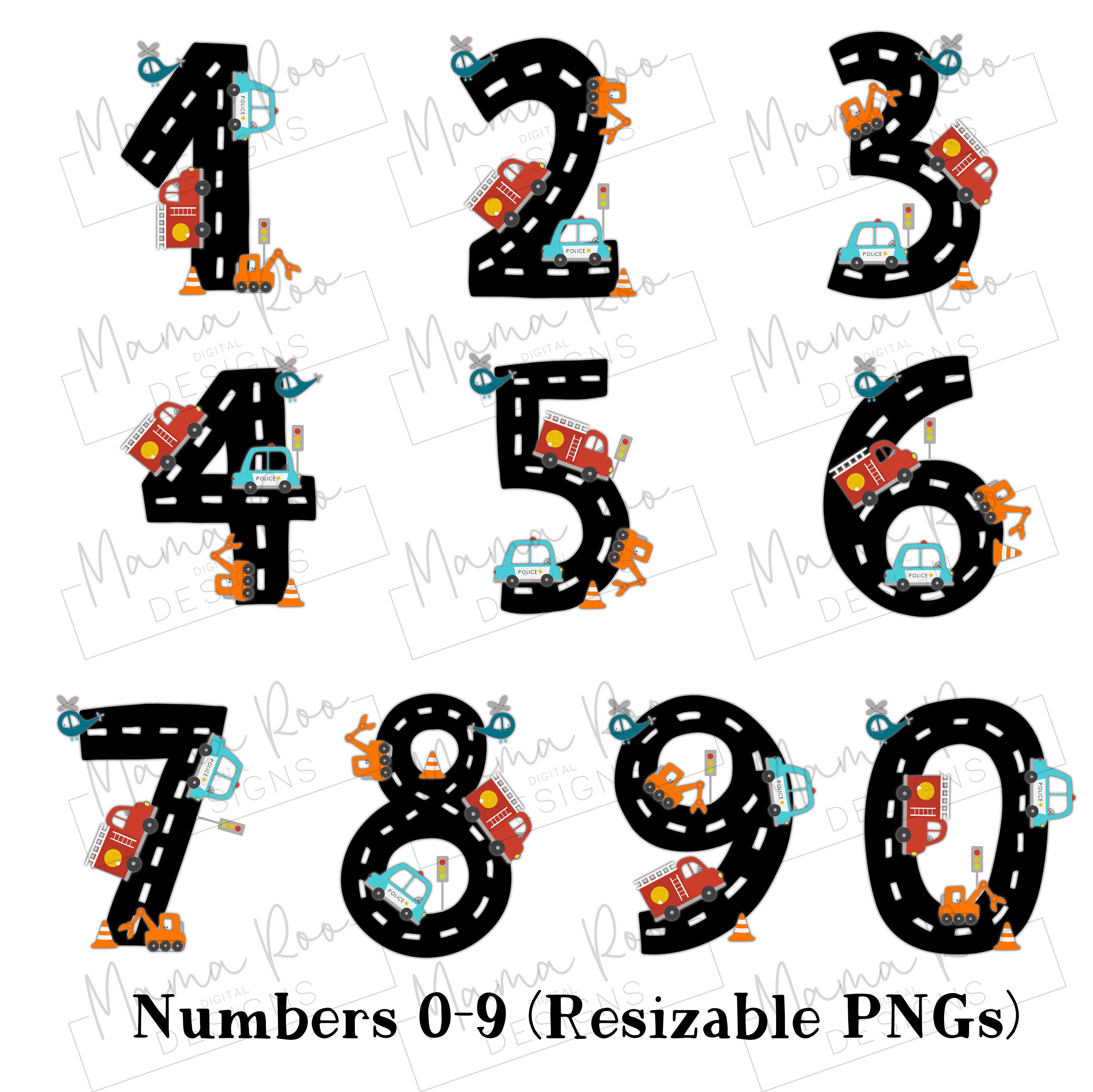 Kids Transport & Road Birthday Numbers Age 0-9 PNG Bundle | Printable ...