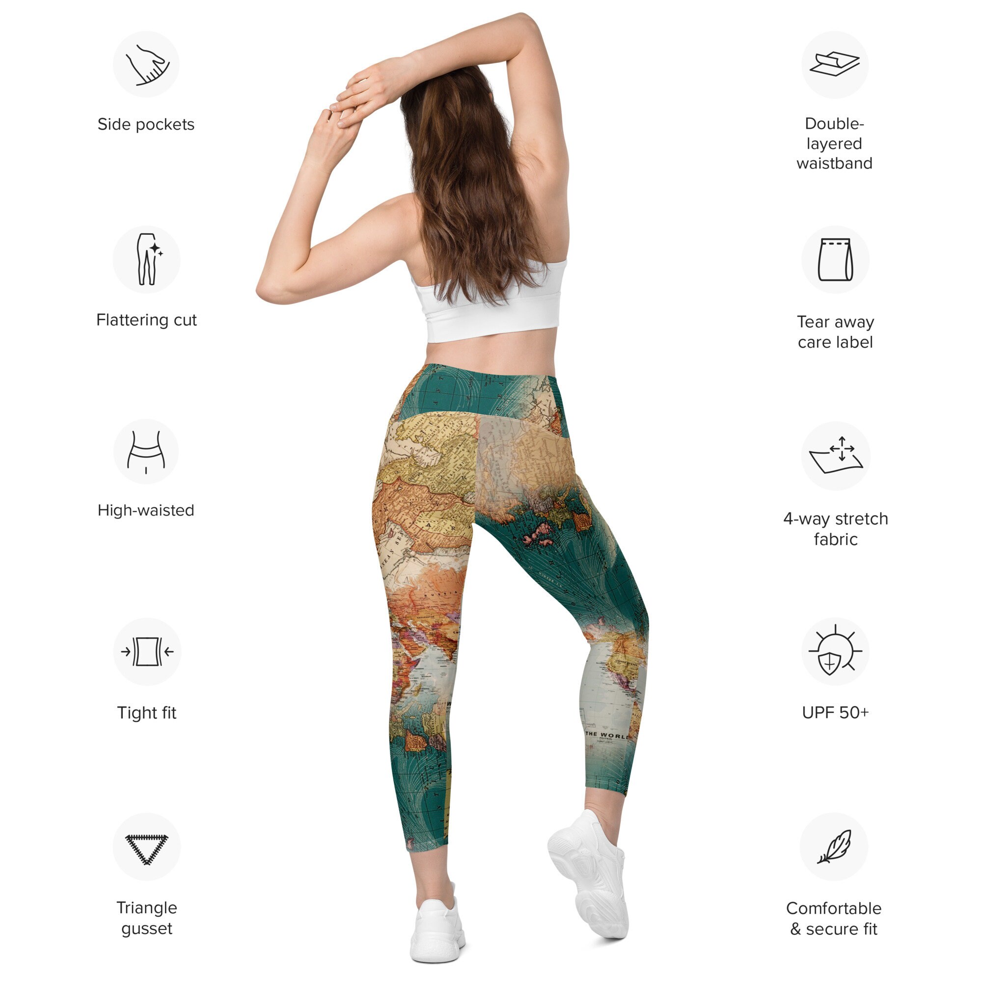 World Map Plus Size Leggings for Women, Geography Map Printed Leggings ...