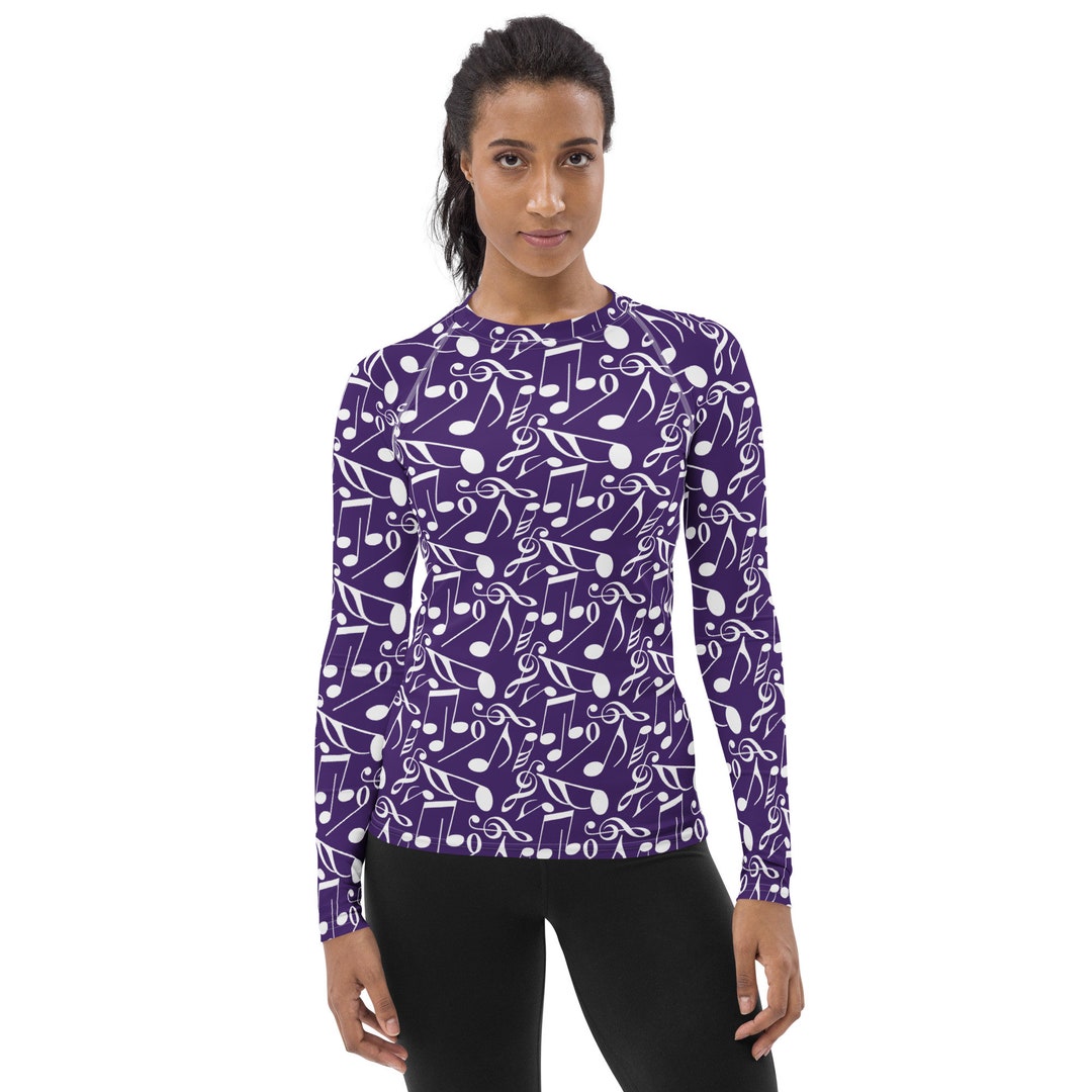 Music Notes Printed Rash Guard, Musician Rash Guard, Long Sleeve Yoga ...