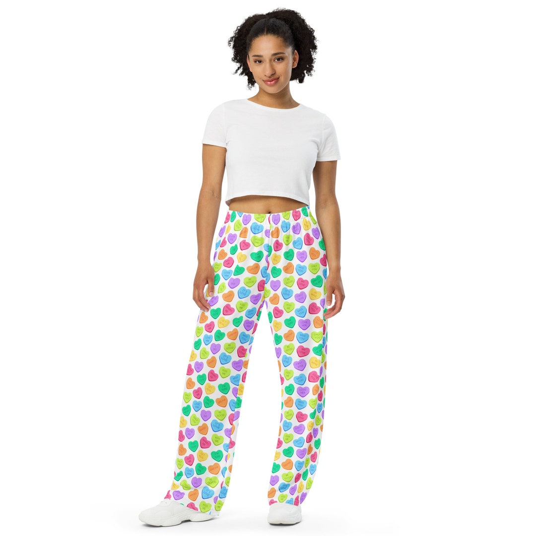 Colorful Conversation Hearts Printed Unisex PJ Pants, All Over Print ...