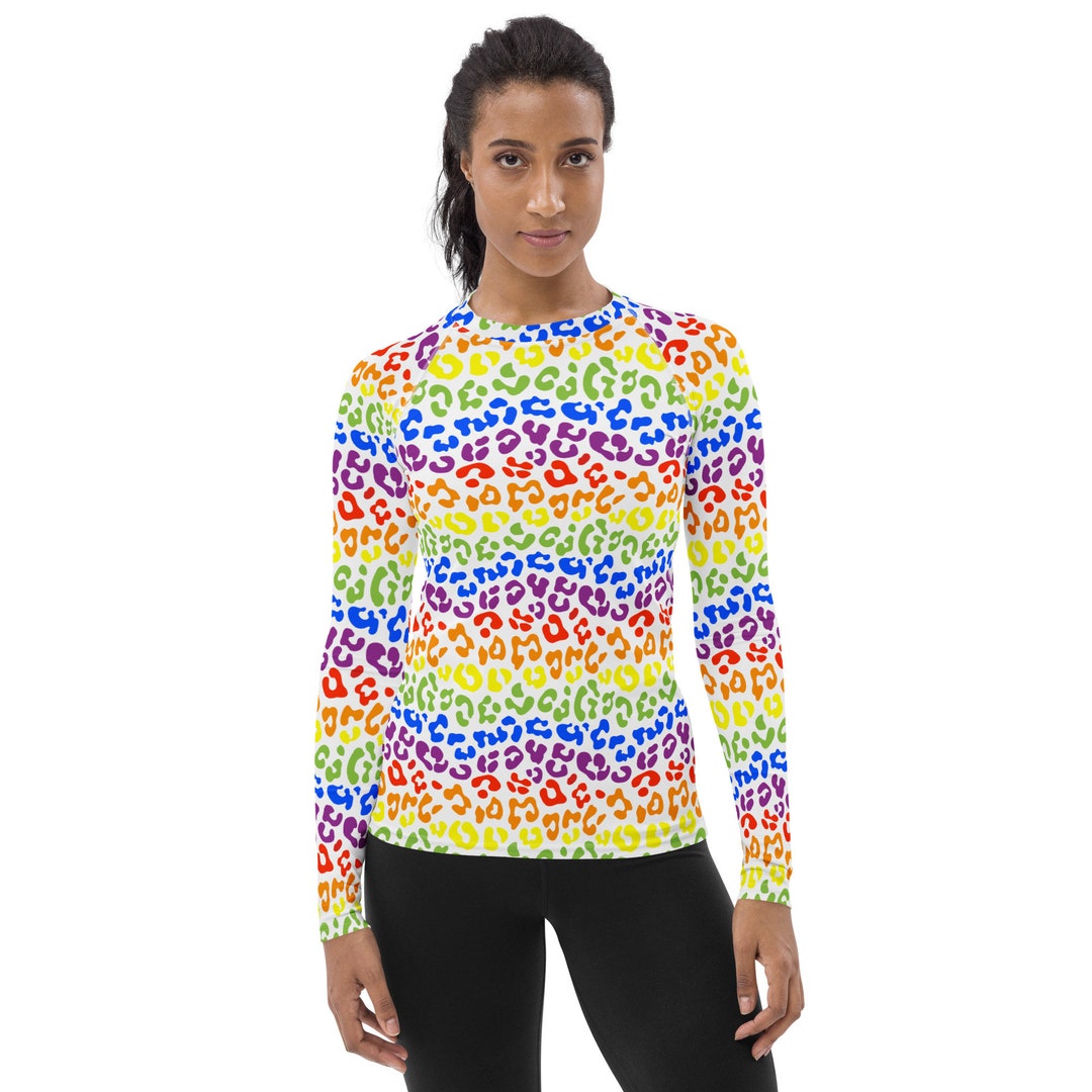 Rainbow Cheetah Printed Womens Rash Guard, Leopard Spotted Swim Surf ...